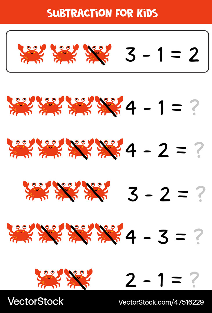 Subtraction with cute red crab educational math Vector Image