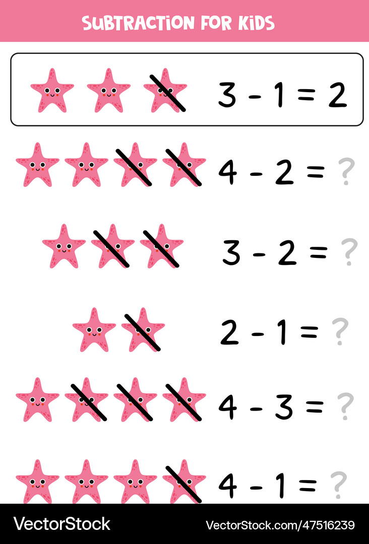 Subtraction with cute pink starfish educational Vector Image