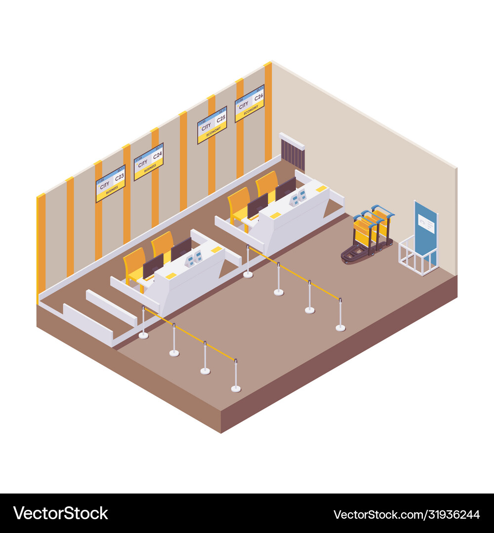 Airport indoor scene with check-in counters Vector Image