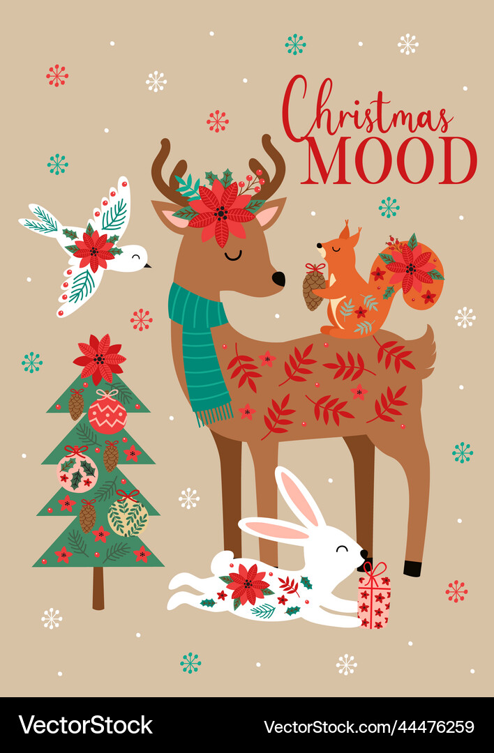 Christmas card with deer hare squirrel Royalty Free Vector