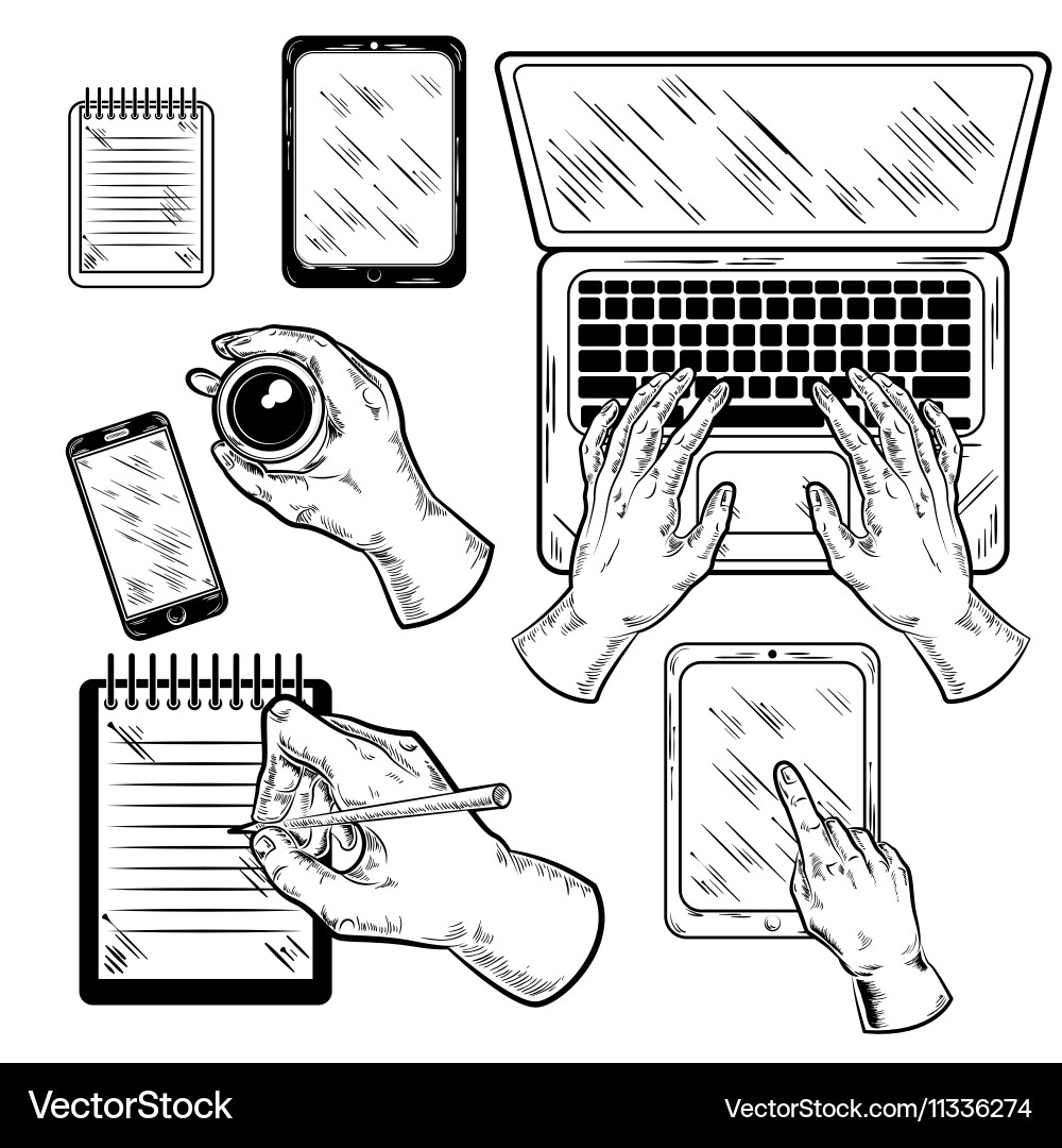 Graphic workplace with hands set Royalty Free Vector Image