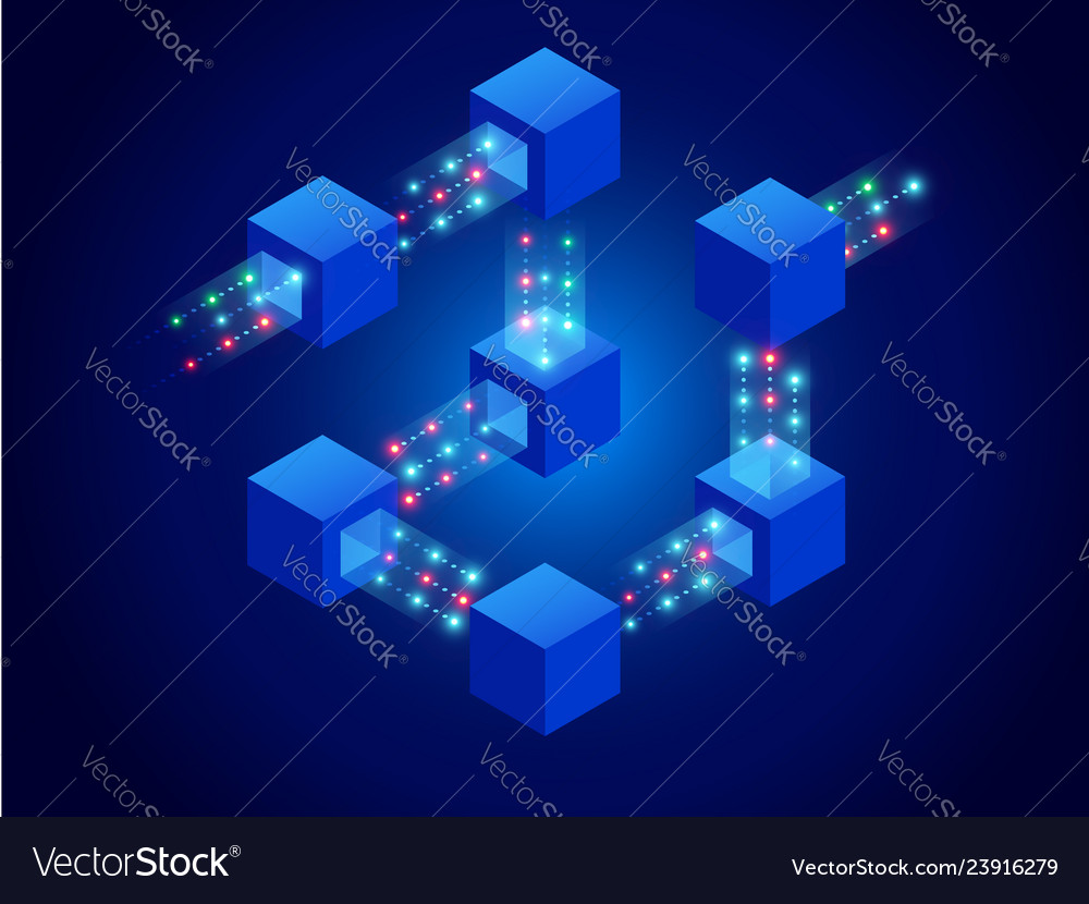 Isometric Concept Of Quantum Computers Blockchain Vector Image 