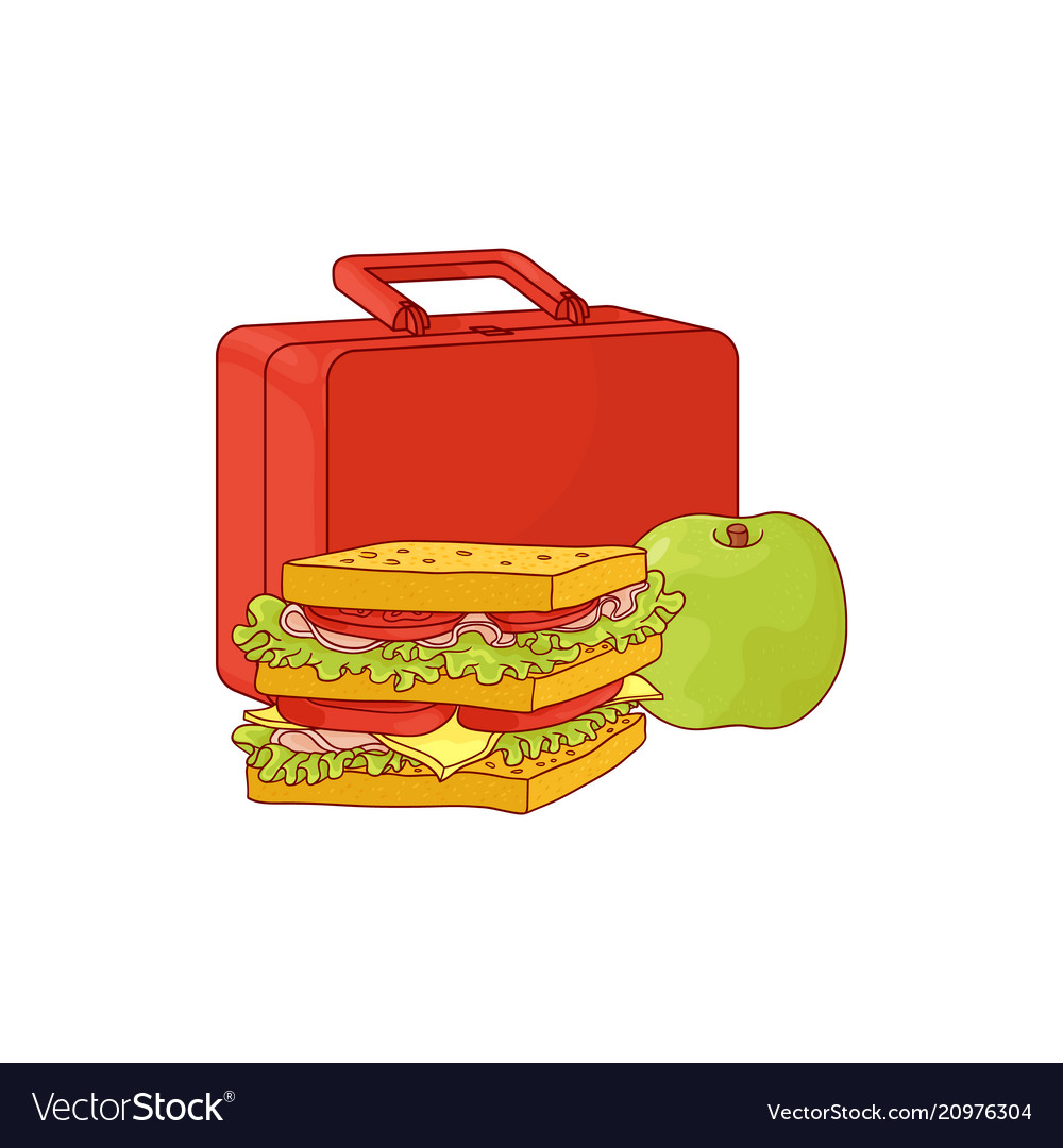 Plastic lunchbox with sandwich and apple Vector Image