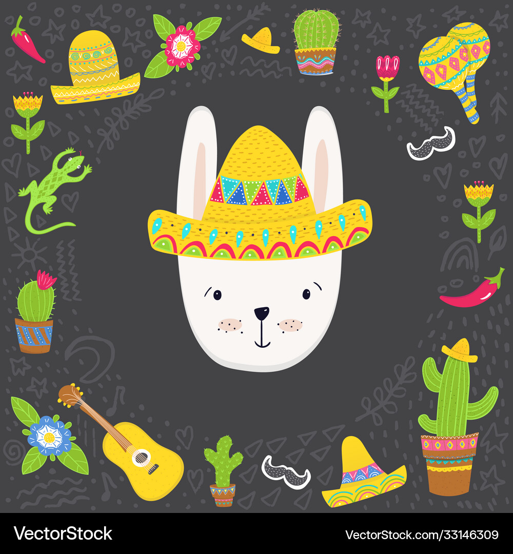 Adorable bunny in mexican style frame Royalty Free Vector