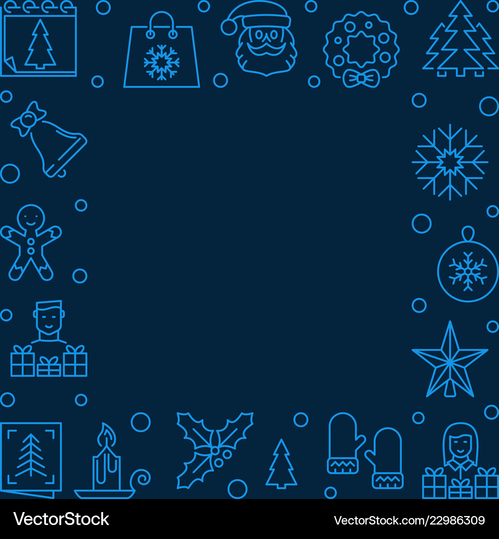 Christmas line blue square frame Royalty Free Vector Image