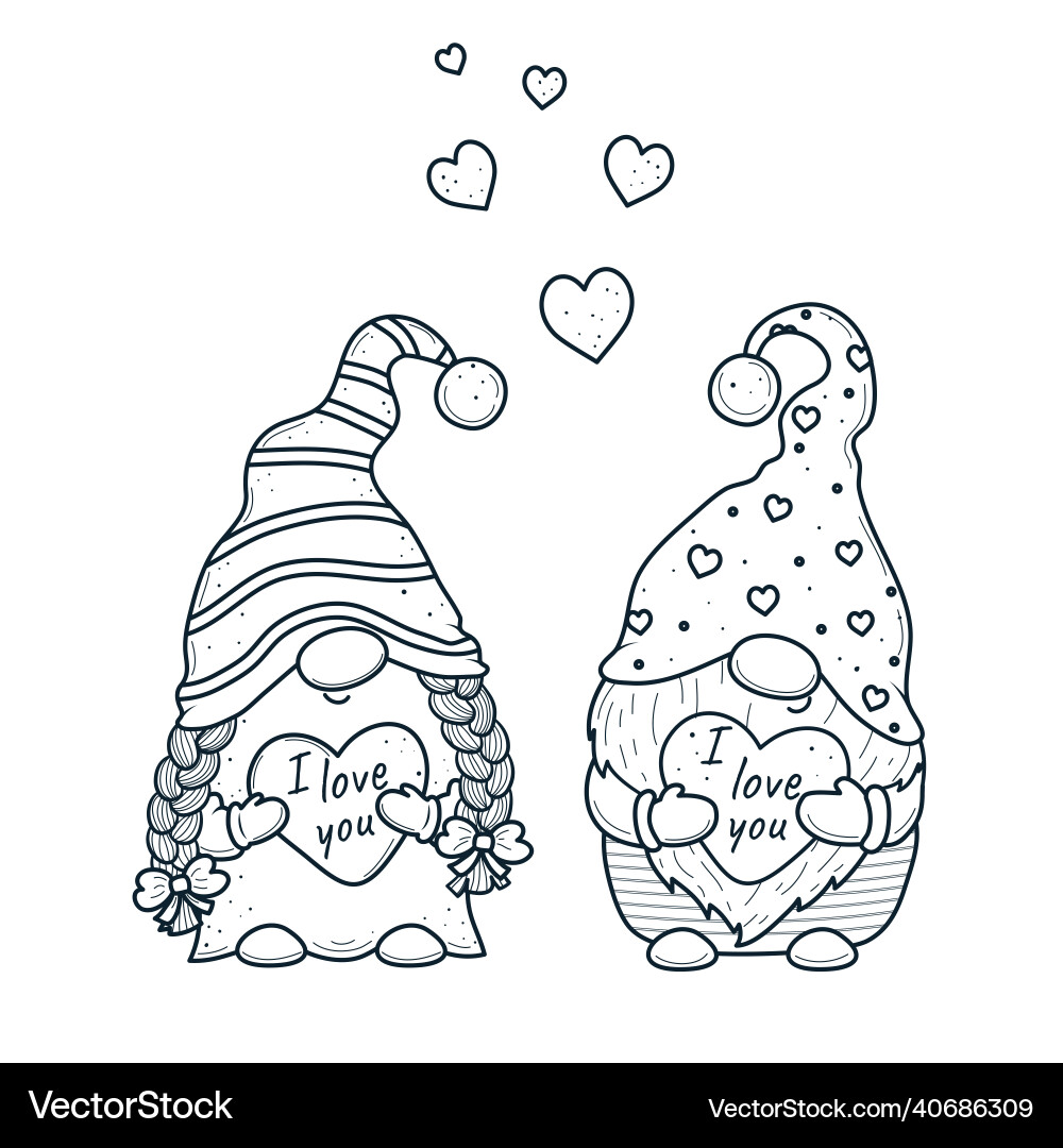 Cute valentine gnomes with hearts Royalty Free Vector Image
