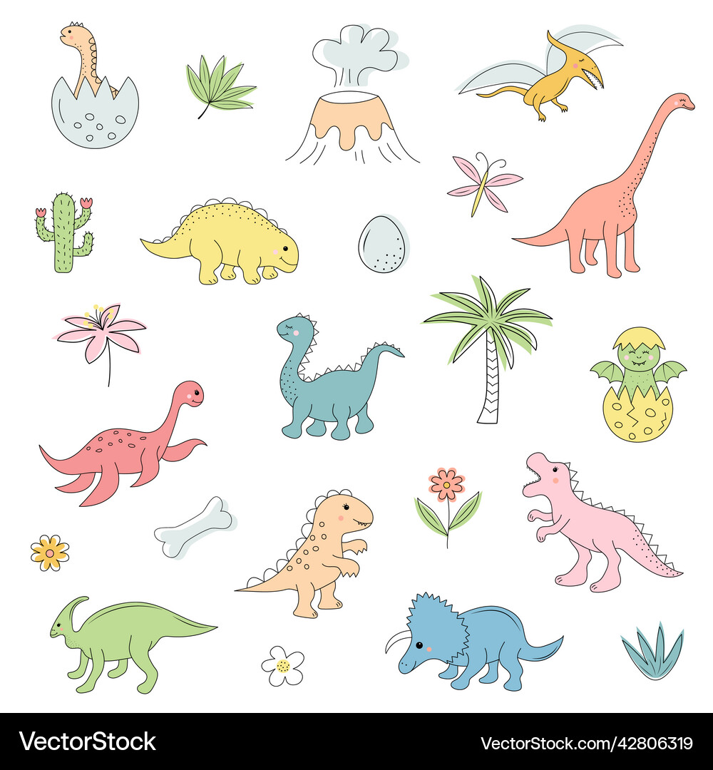 Cute dinosaurs and and prehistoric elements set Vector Image