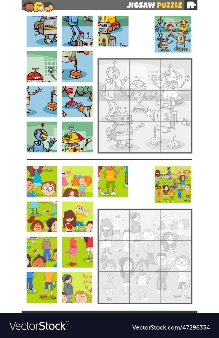 Jigsaw puzzle activities set with cartoon robots Vector Image