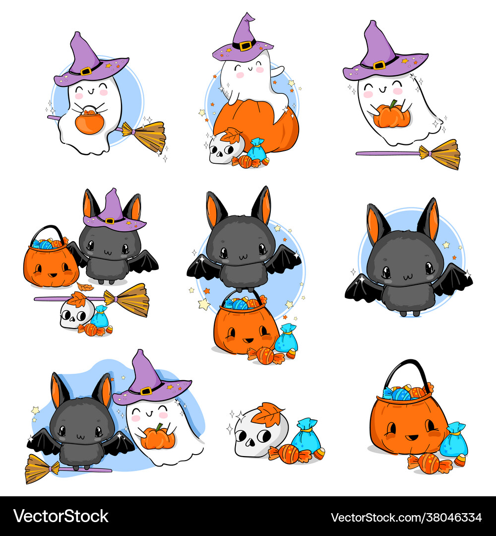 Set cute halloween ghost with pumpkin and bat Vector Image