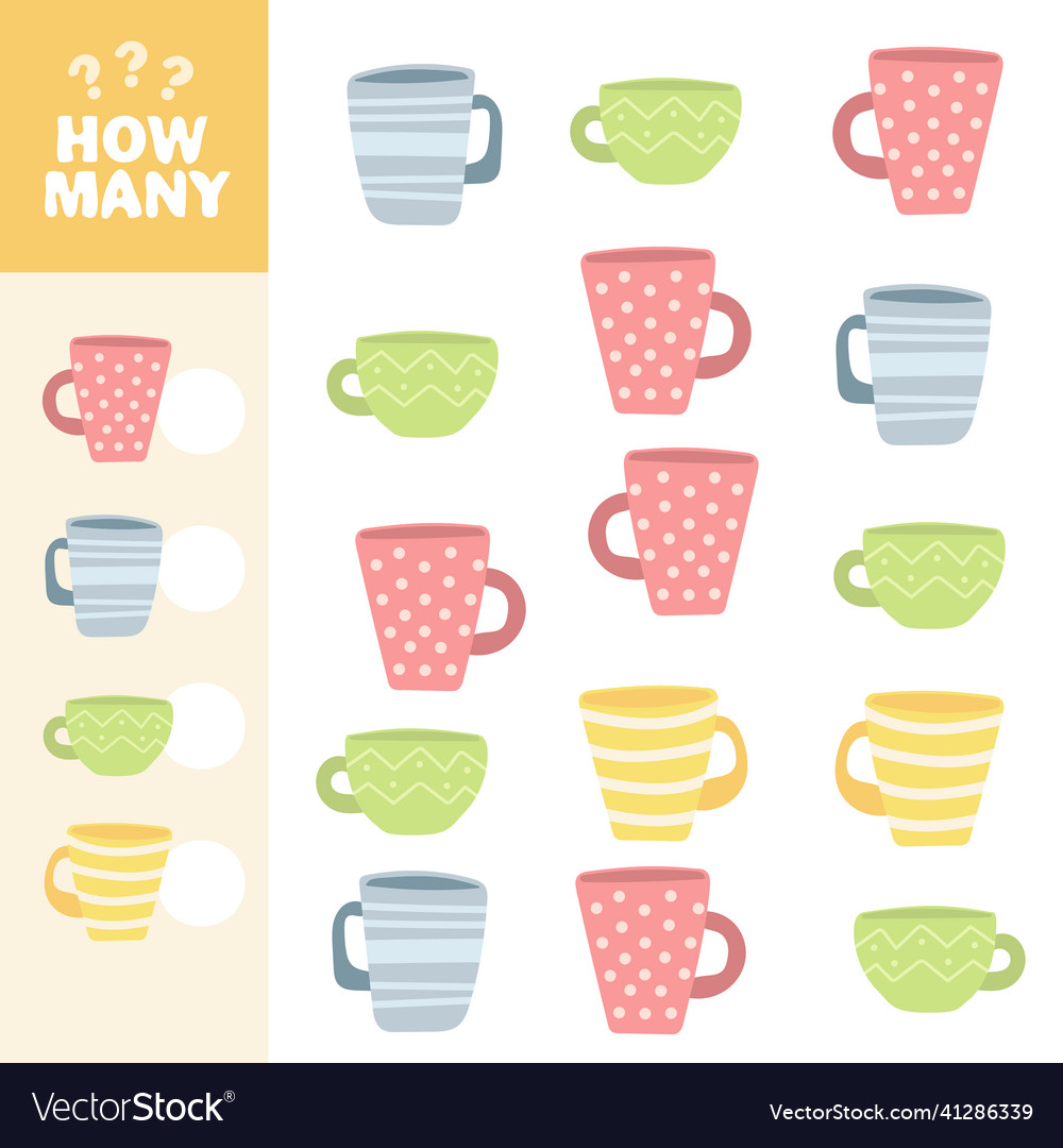 Counting game how many tea cups educational Vector Image