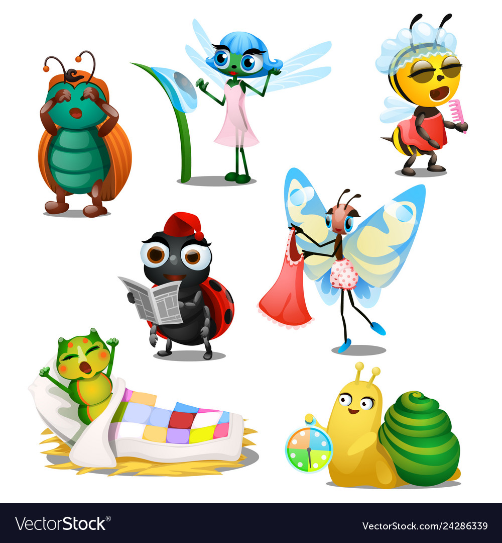 Set cute joyful insects in morning isolated Vector Image