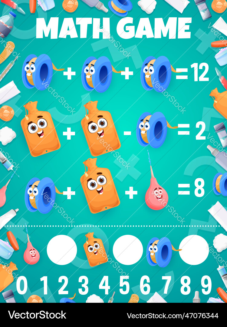 Math game worksheet cartoon adhesive patch enema Vector Image