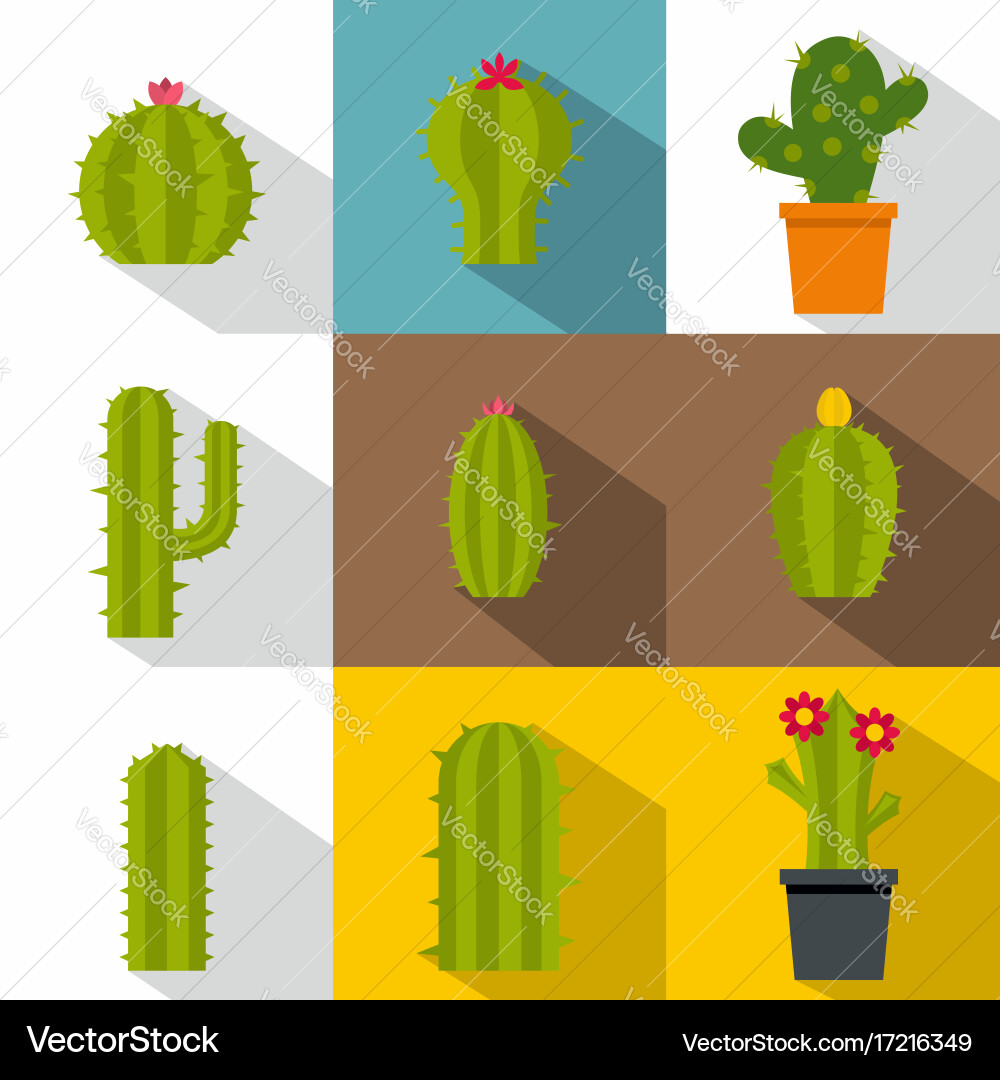 Green cactuses icon set flat style Royalty Free Vector Image