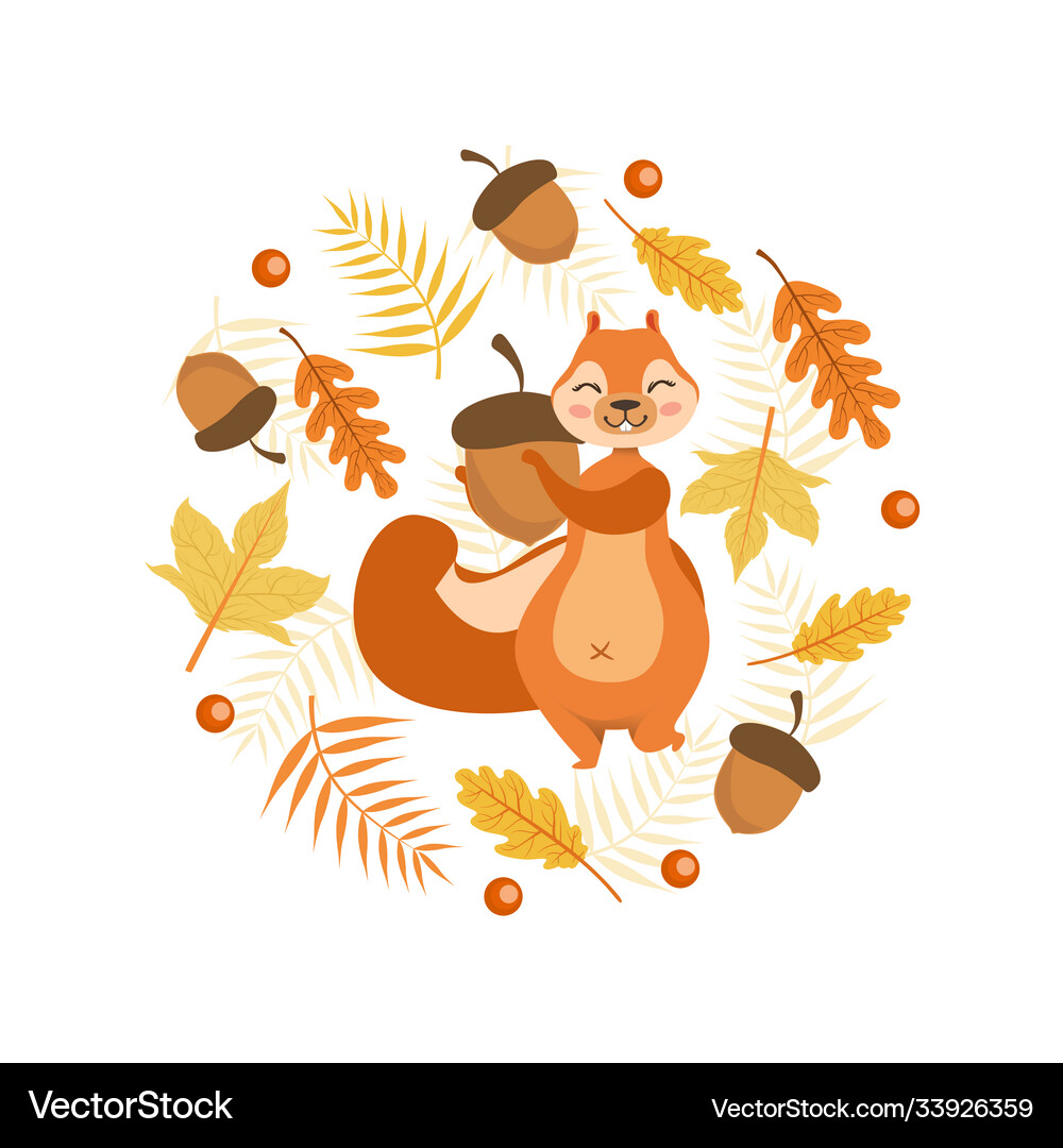 Autumn symbols round shape cute squirrel with Vector Image