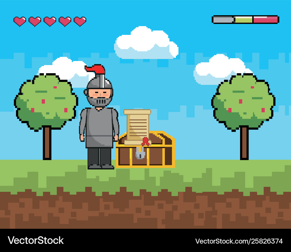 Arcade game world and pixel scene design Vector Image