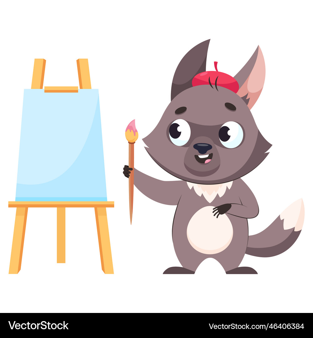 Cute wolf with easel and paintbrush cartoon Vector Image