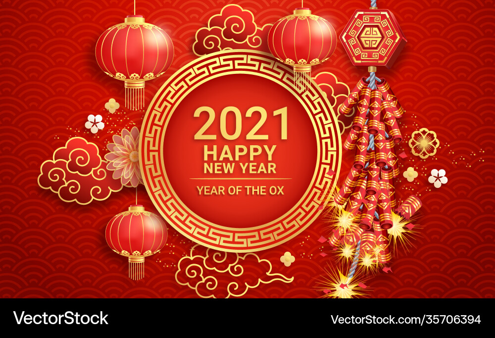 Chinese new year 2021 firecrackers with paper Vector Image