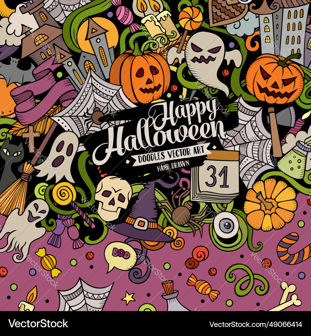Cartoon doodles happy halloween border Royalty Free Vector