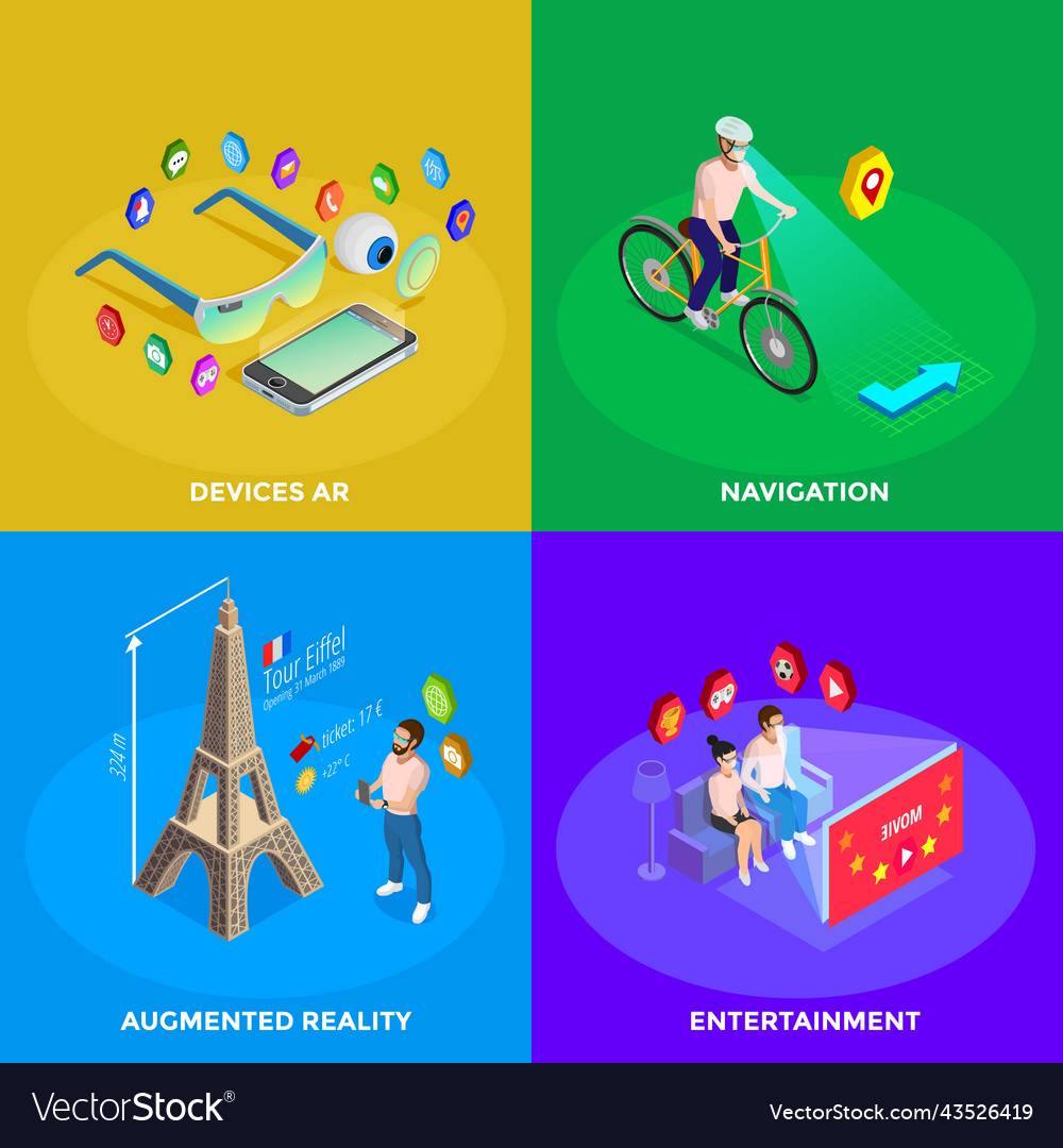 Augmented reality 4 isometric icons square Vector Image Augmented reality 4 isometric icons square Vector Image
