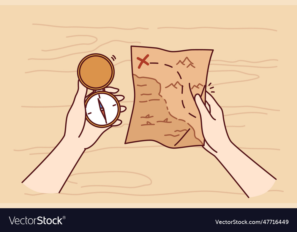 Treasure Map And Compass In Hands Of Man Looking Vector Image