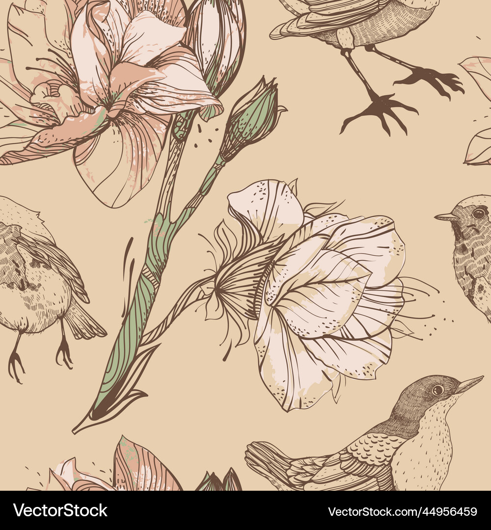 Floral seamless pattern with birds and flowers Vector Image