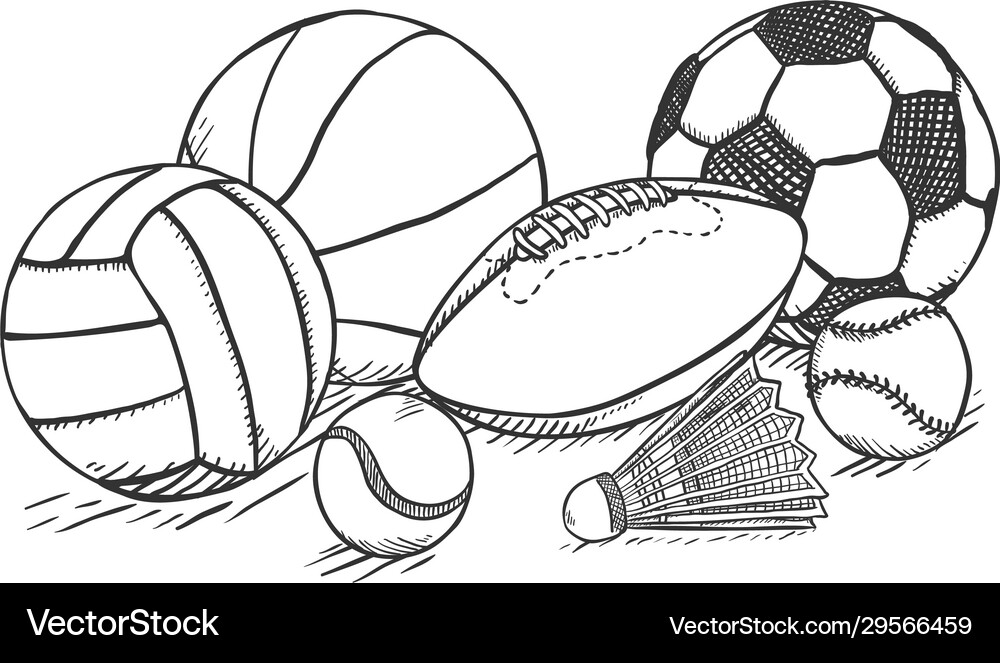 Sketch sport set - pile different balls Royalty Free Vector