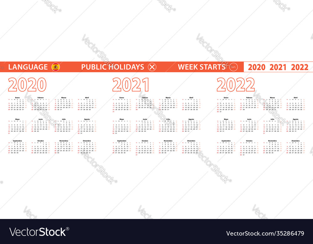 2020 2021 2022 year calendar in spanish language Vector Image