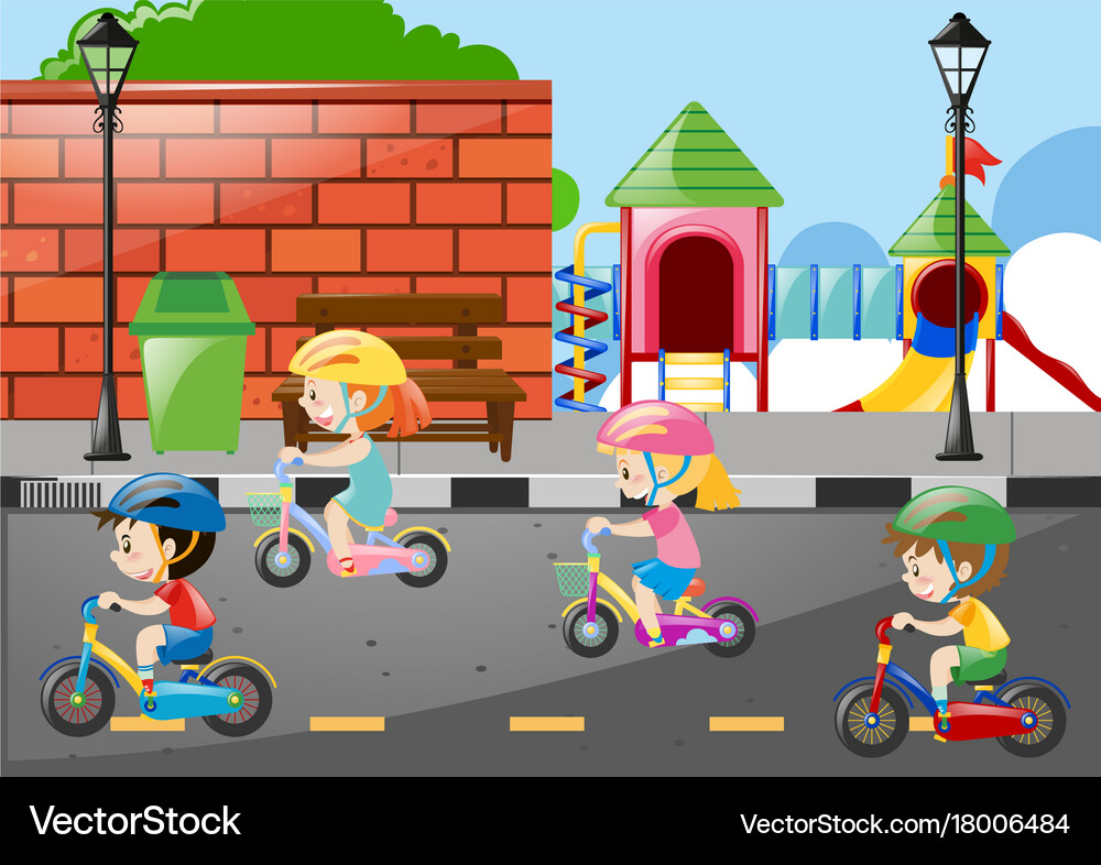 Four kids cycling on road Royalty Free Vector Image