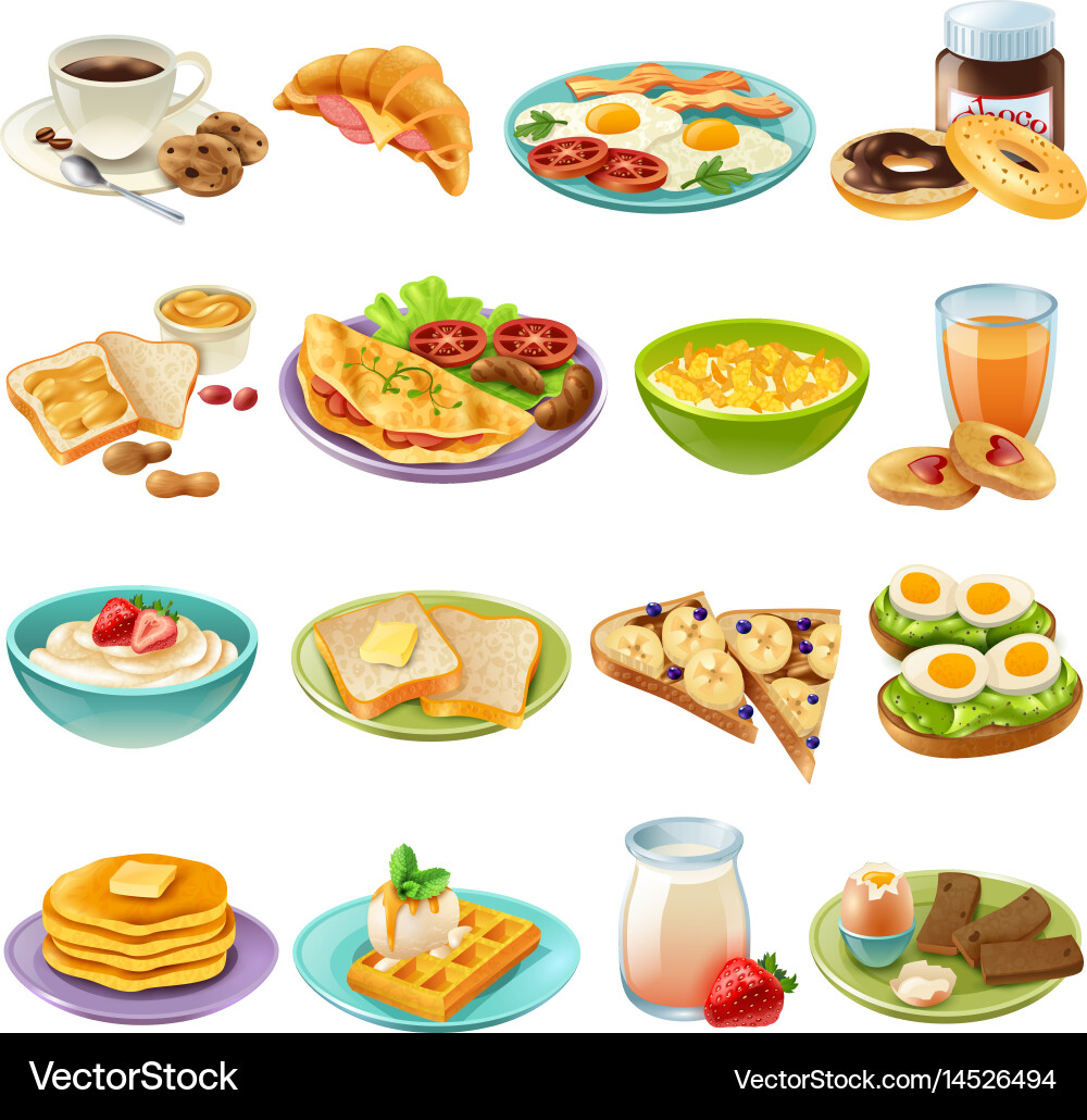Breakfast brunch menu food icons set Royalty Free Vector