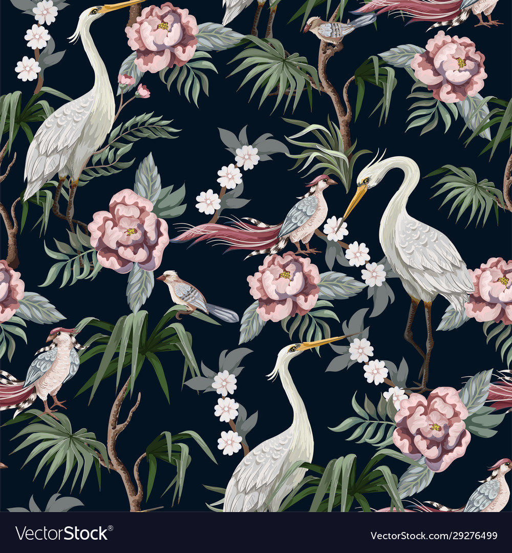Seamless pattern in chinoiserie style with storks Vector Image