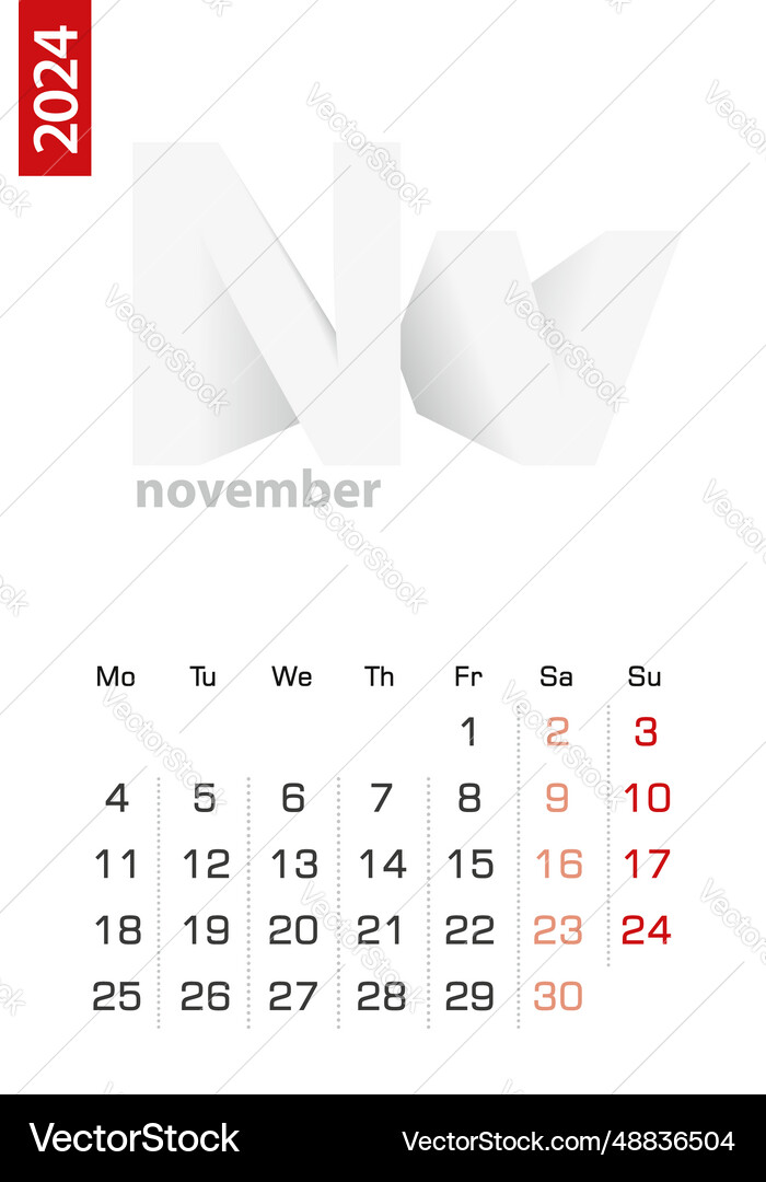 Minimalist calendar template for november 2024 Vector Image