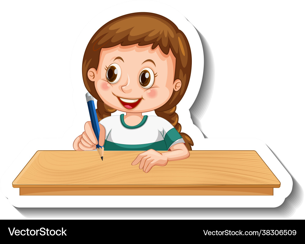 Sticker template with a girl writing on table Vector Image