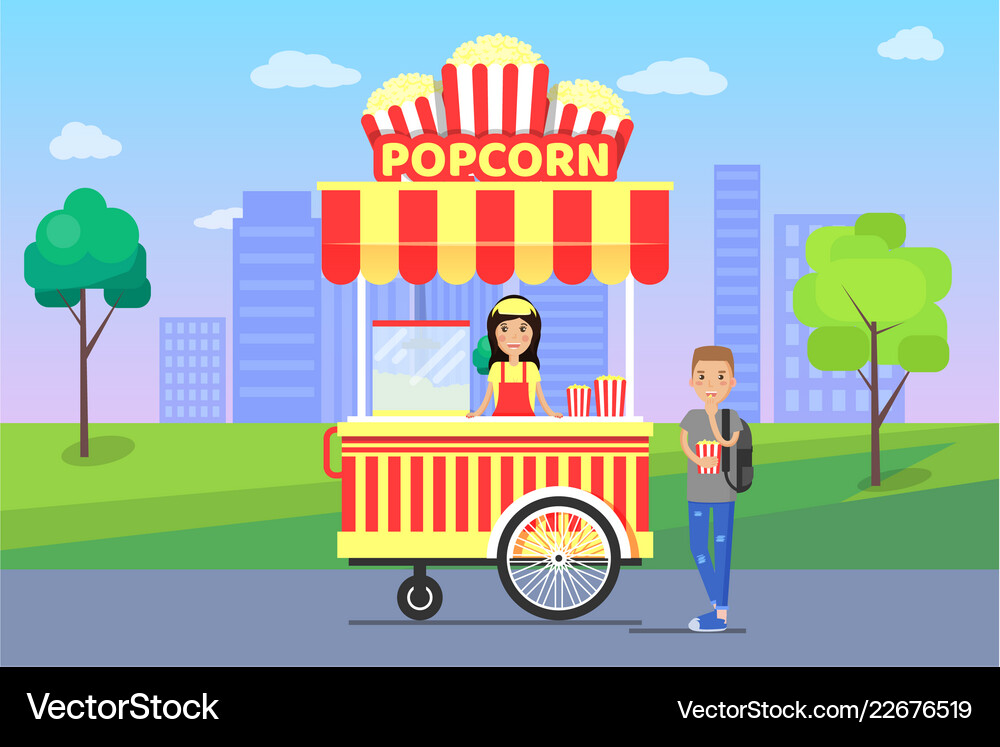 Popcorn stall and cityscape Royalty Free Vector Image