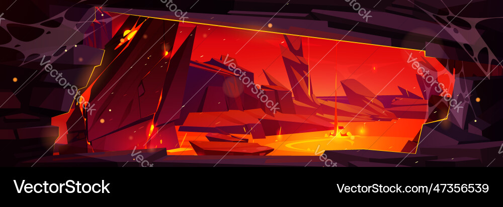 Volcano lava hell rock cave view fantasy game Vector Image