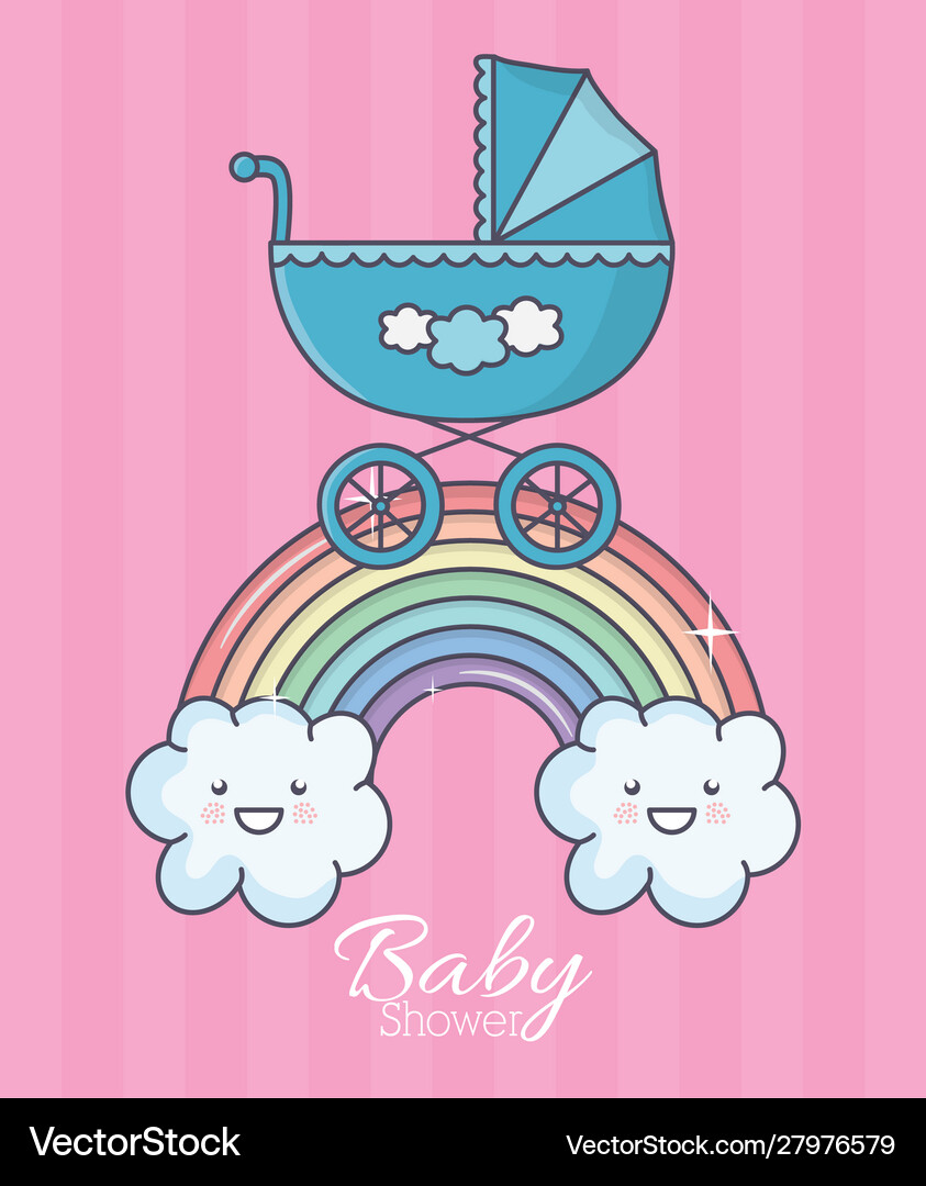 Baby shower blue pram rainbow clouds stripes Vector Image