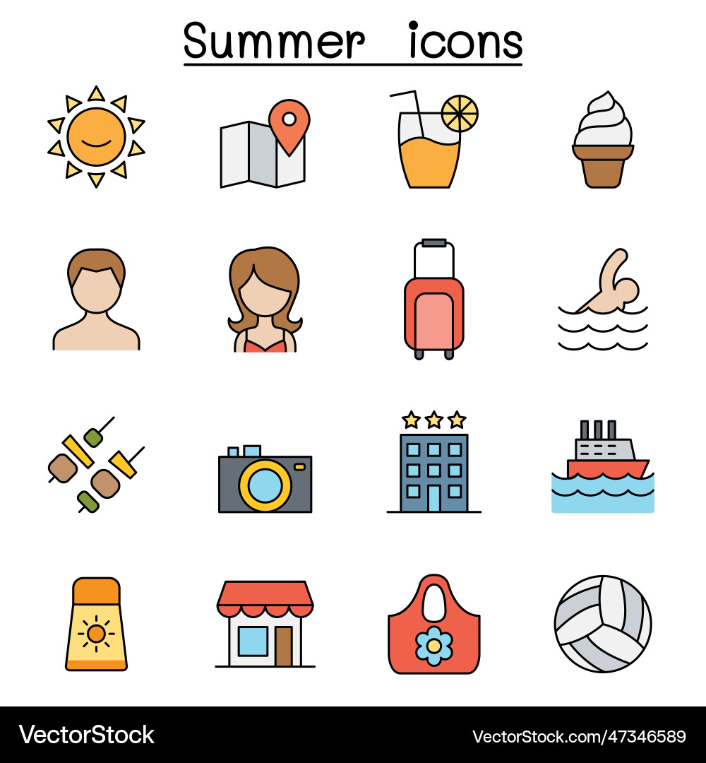 Summer color line icon set Royalty Free Vector Image