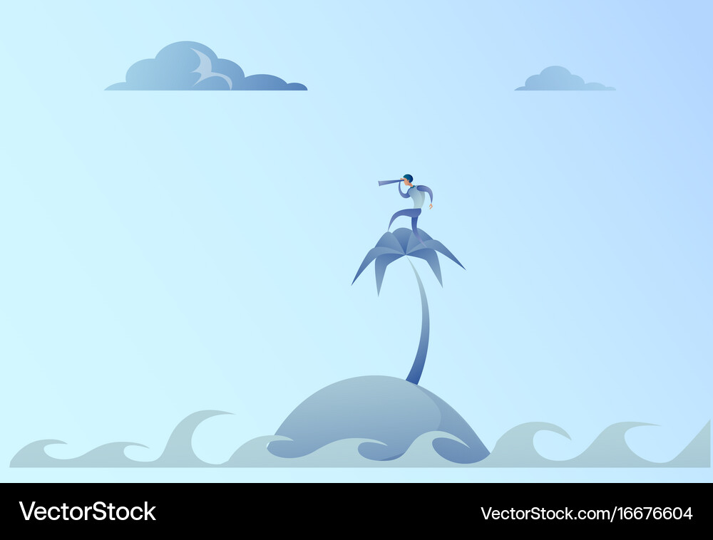 Business man on island looking with binocular Vector Image