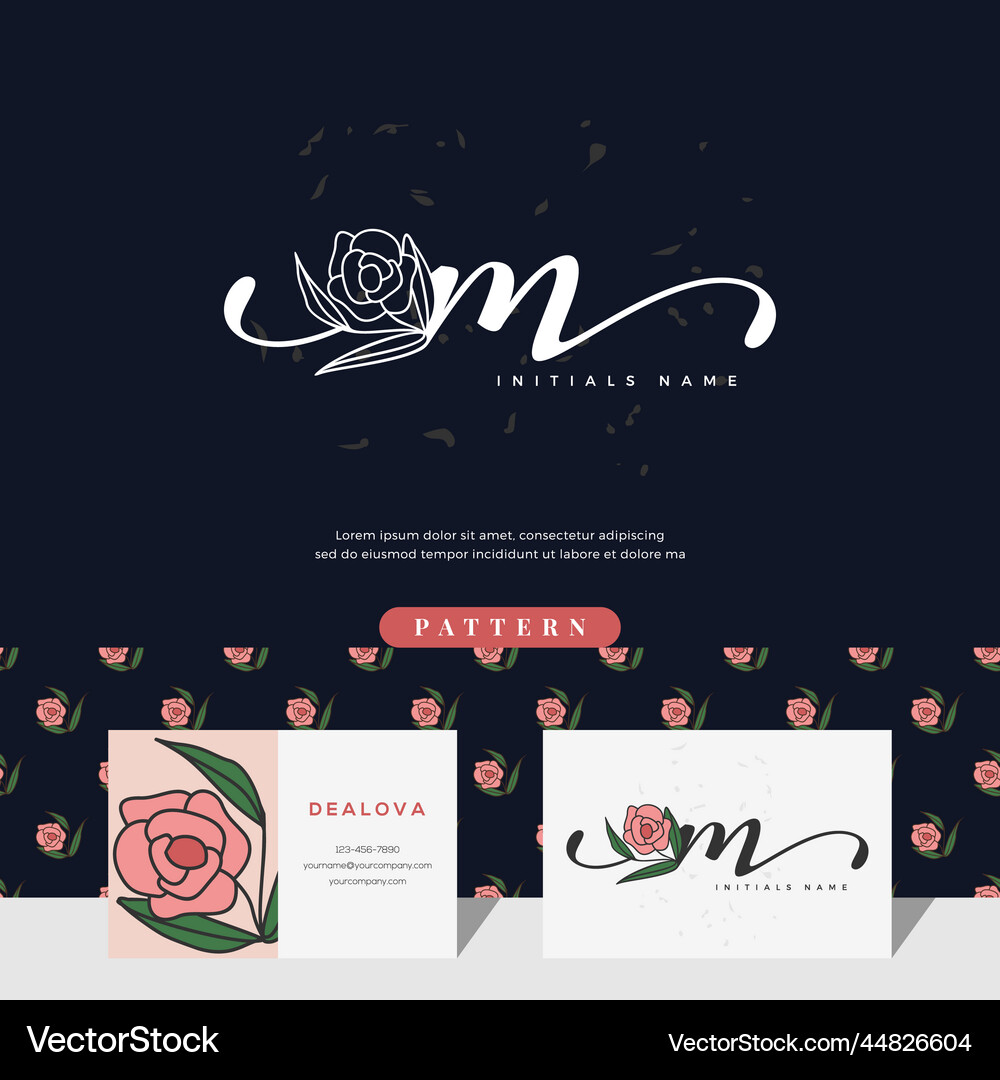 Handwriting letter m logo design with rose Vector Image