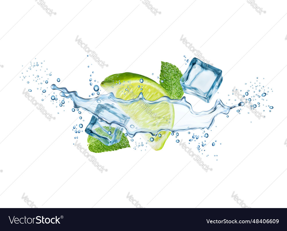 Mojito drink wave splash with lime and ice cubes Vector Image