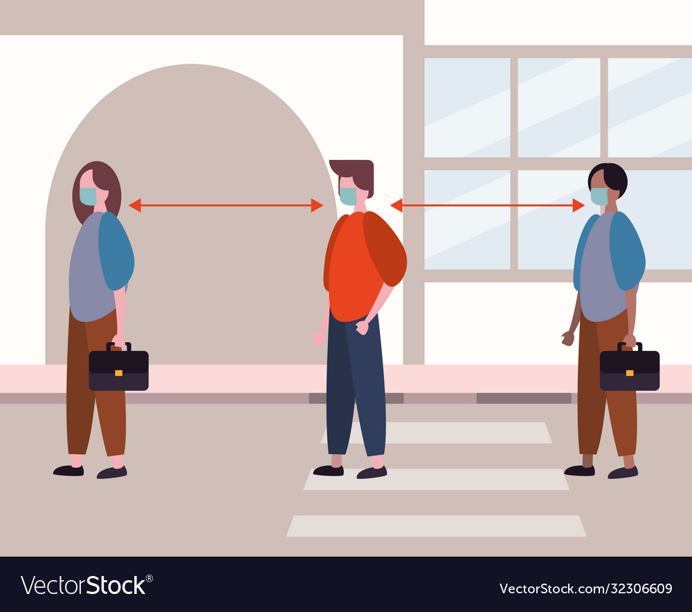 People using face masks with social distancing Vector Image