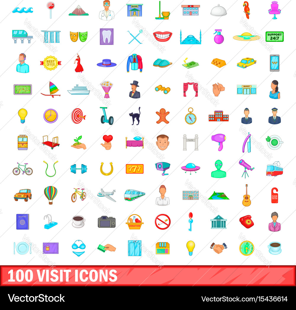 100 visit icons set cartoon style Royalty Free Vector Image
