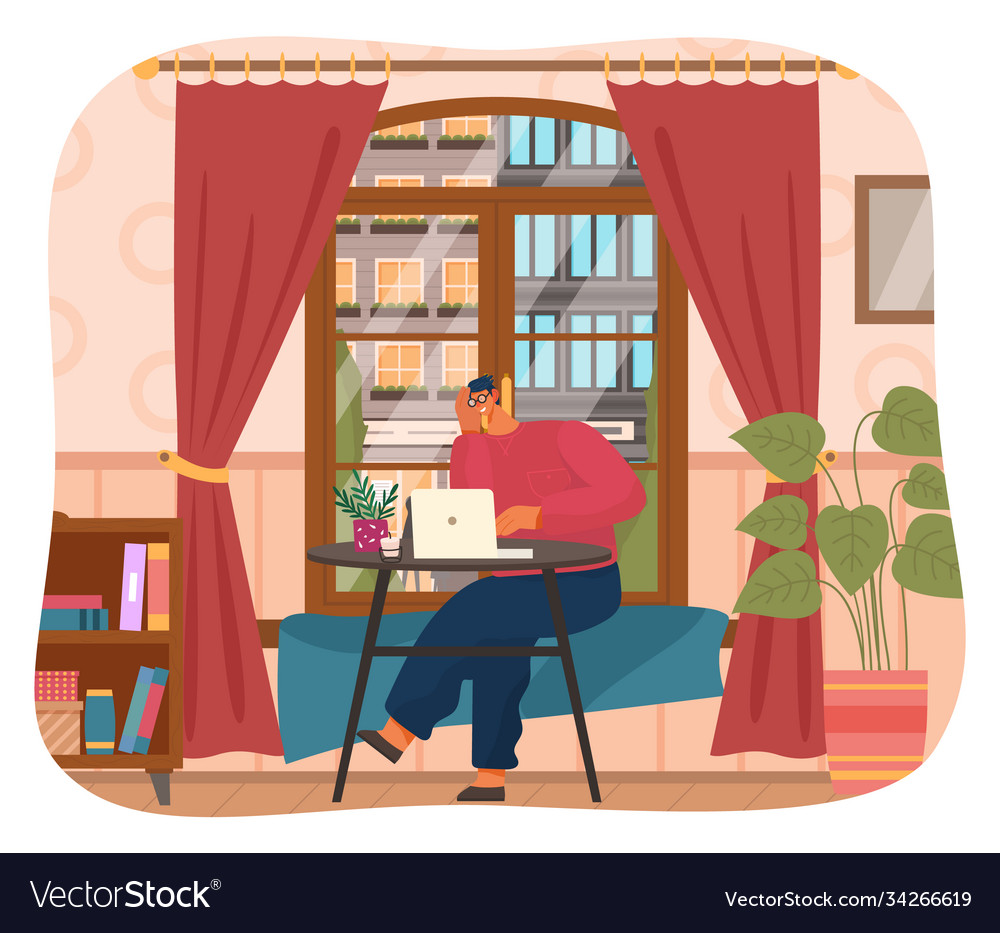 Programmer man in eyeglasses with laptop on table Vector Image