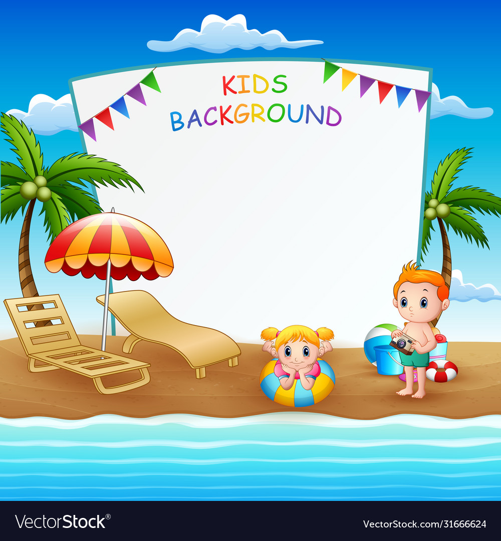 Blank sign template with kids on beach Royalty Free Vector