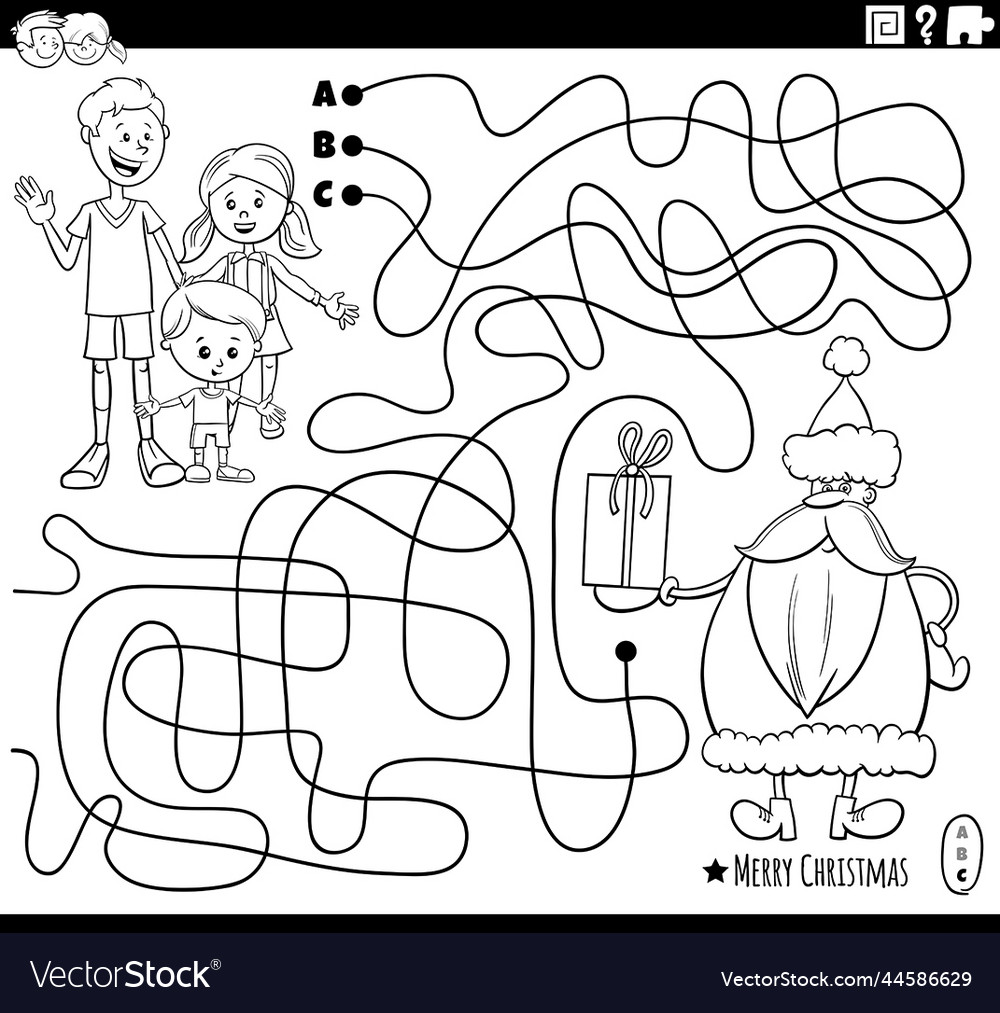 Maze with santa claus with gift and kids coloring Vector Image