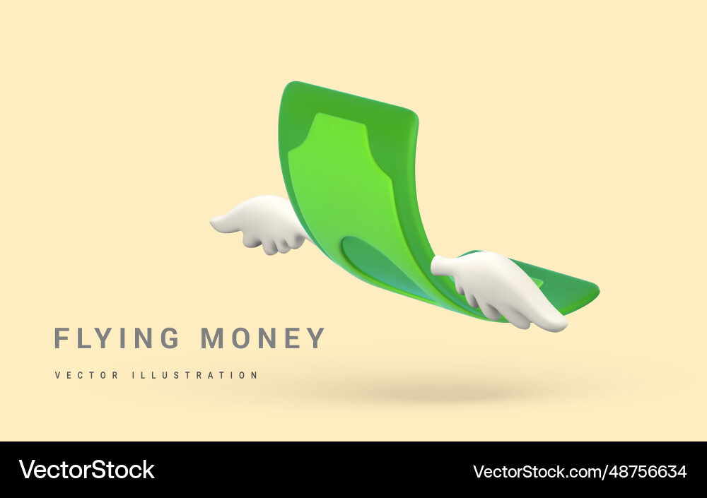 3d green flying dollar with white wings Royalty Free Vector