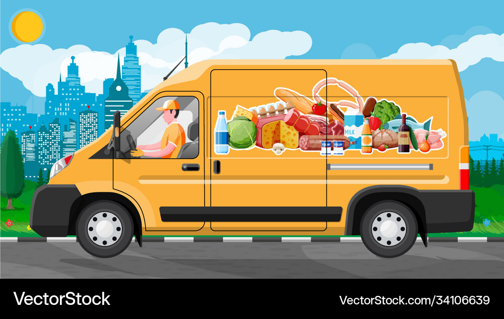 Van car full food products Royalty Free Vector Image