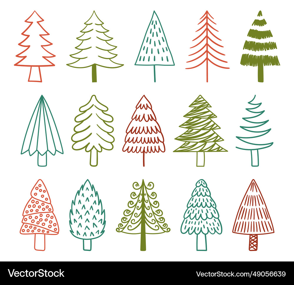 Whimsical doodle christmas trees set spruce up Vector Image