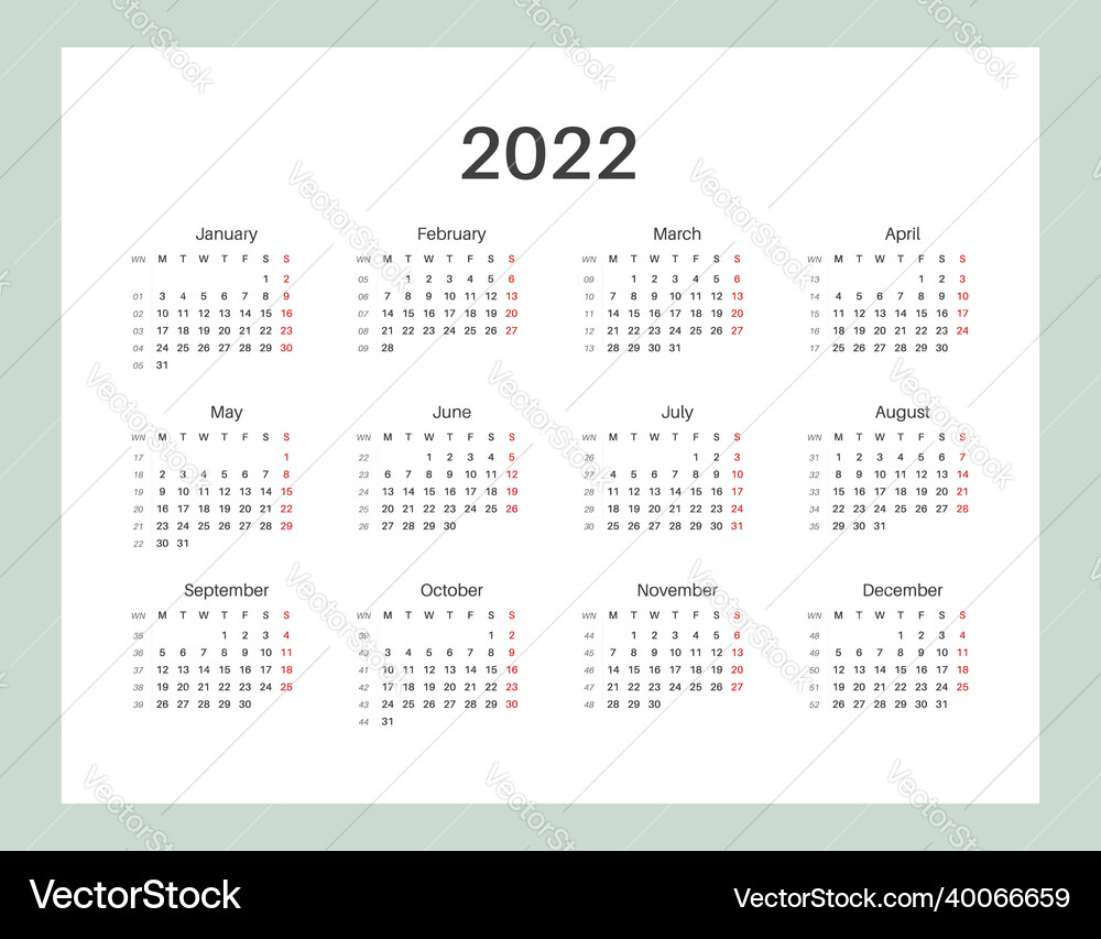 2022 Calendar Template - Planner Layout Royalty Free Vector