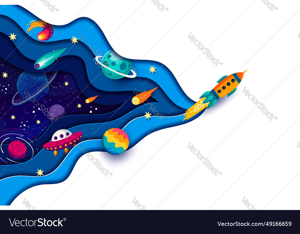 Cartoon paper cut space poster with rocket launch Vector Image Cartoon paper cut space poster with rocket launch Vector Image