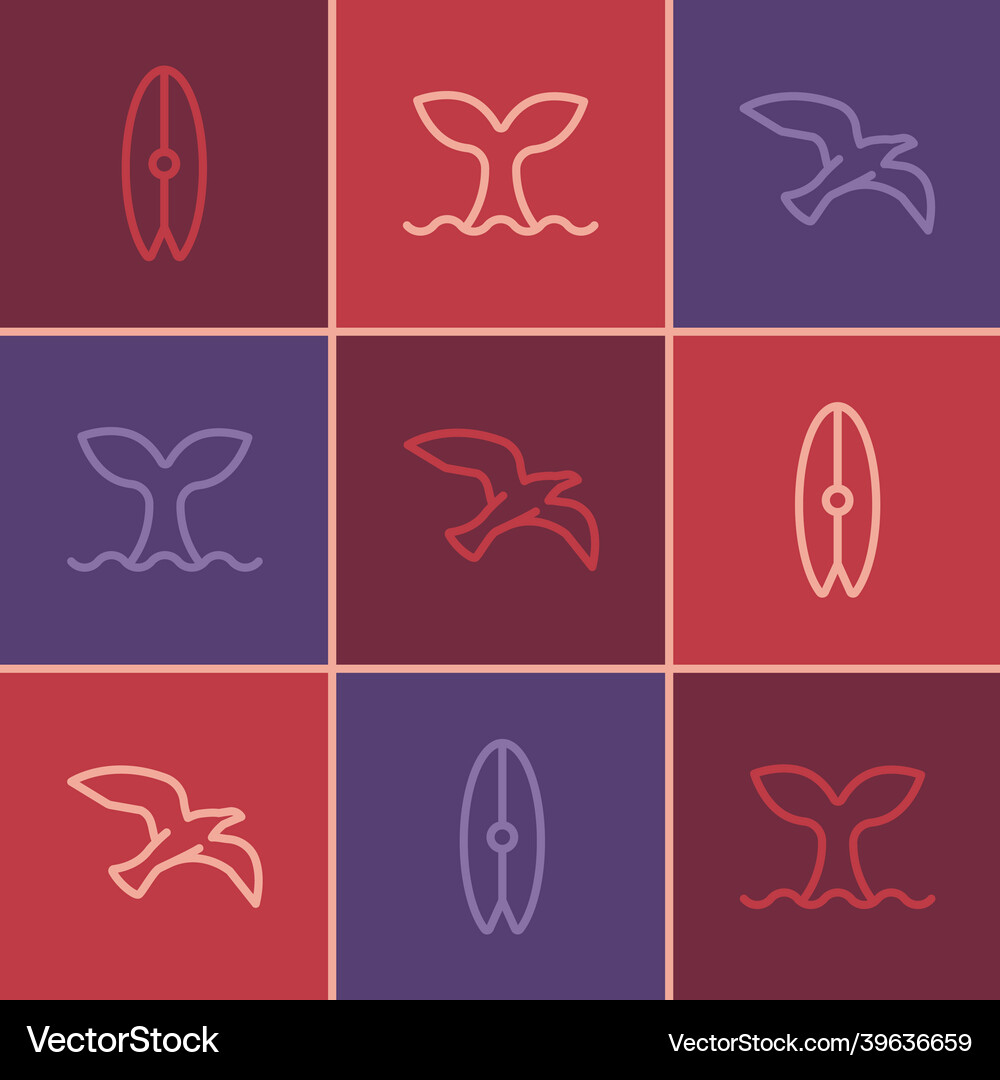 Set line surfboard bird seagull and whale tail Vector Image